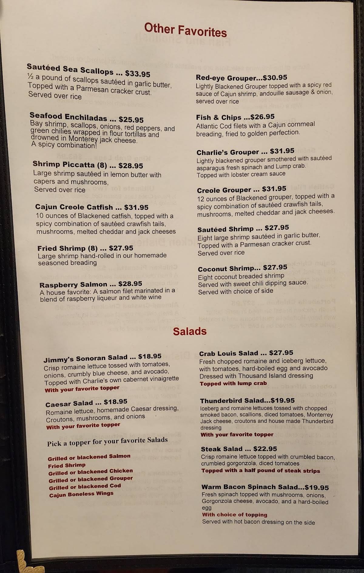 Menu at Charlie's on the Lake steakhouse, Omaha, S 144th St