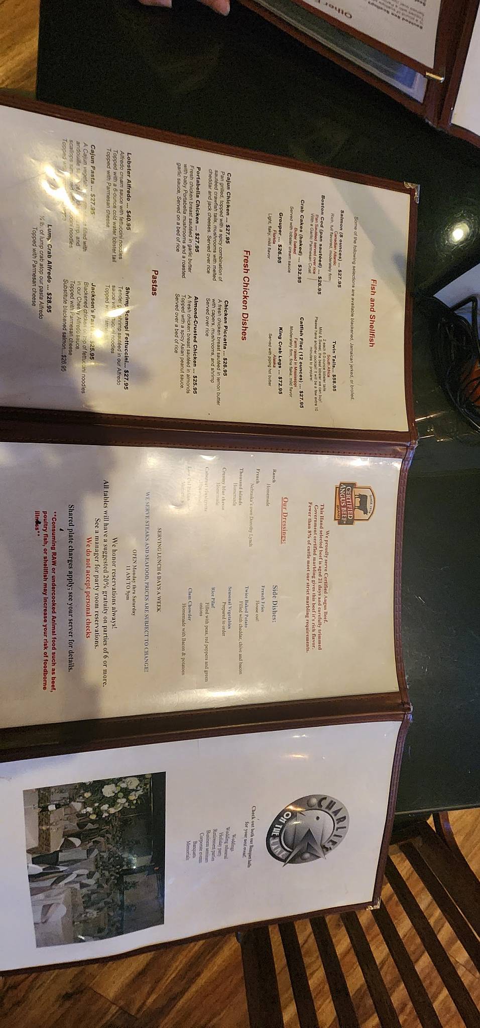 Menu at Charlie's on the Lake steakhouse, Omaha, S 144th St