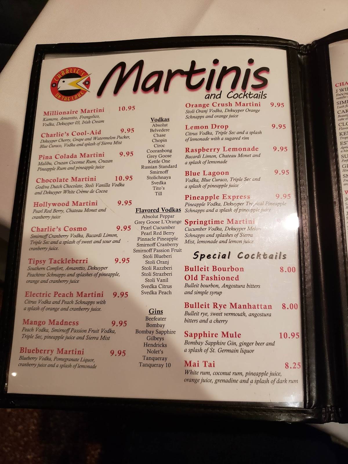 Menu at Charlie's on the Lake steakhouse, Omaha, S 144th St