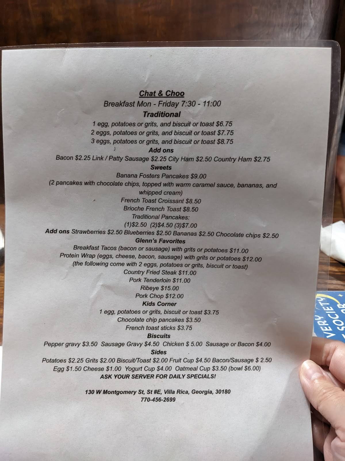 Menu at Chat & Choo LLC restaurant, Villa Rica