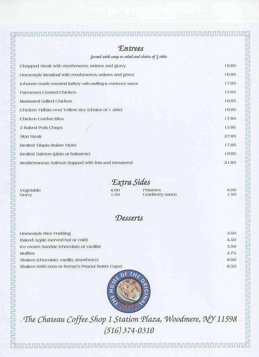 Menu at Chateau coffee shop restaurant, Woodmere, 1 Station Plaza