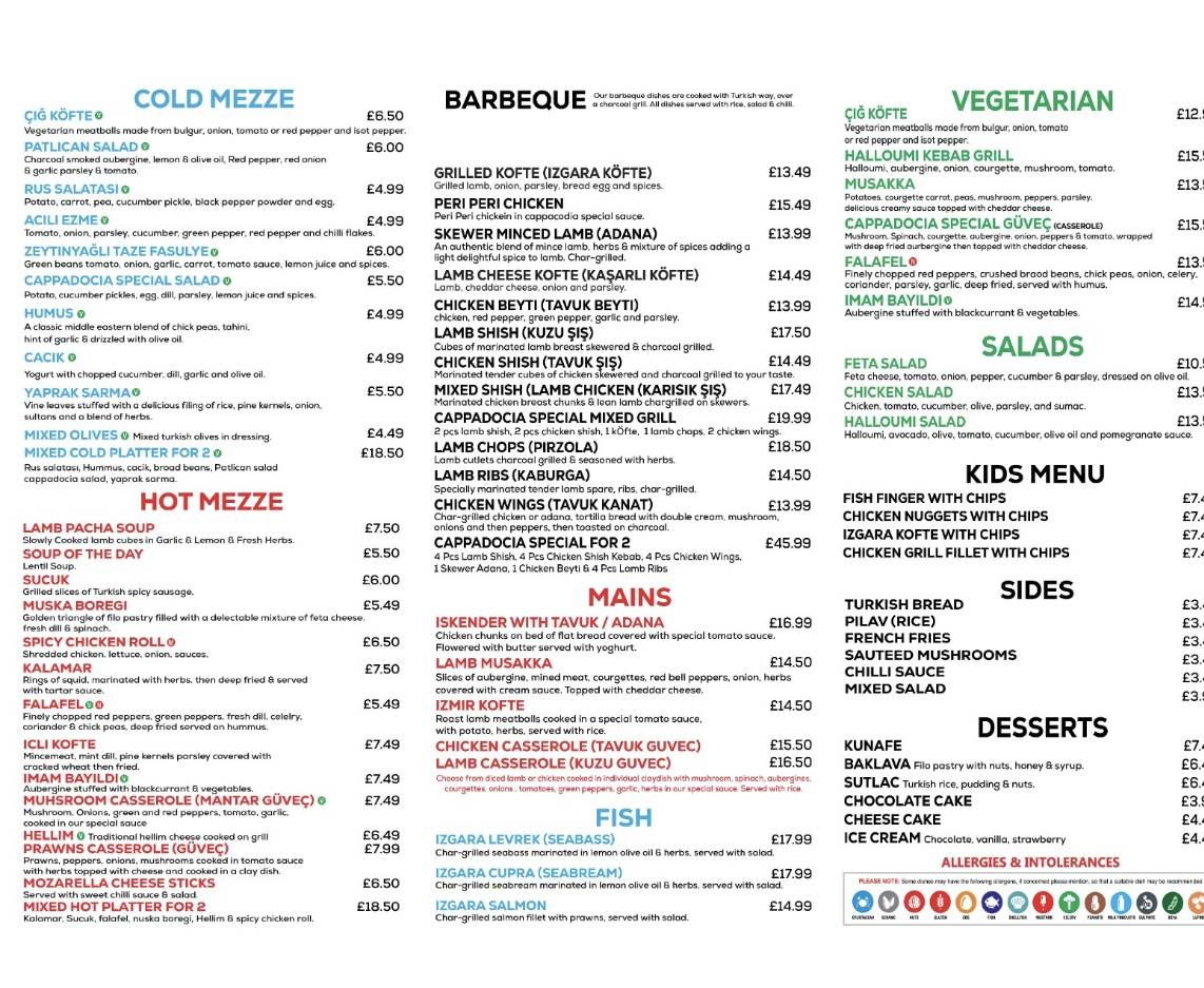 Menu at Cappadocia Ocakbasi Turkish Restaurant, Cheadle