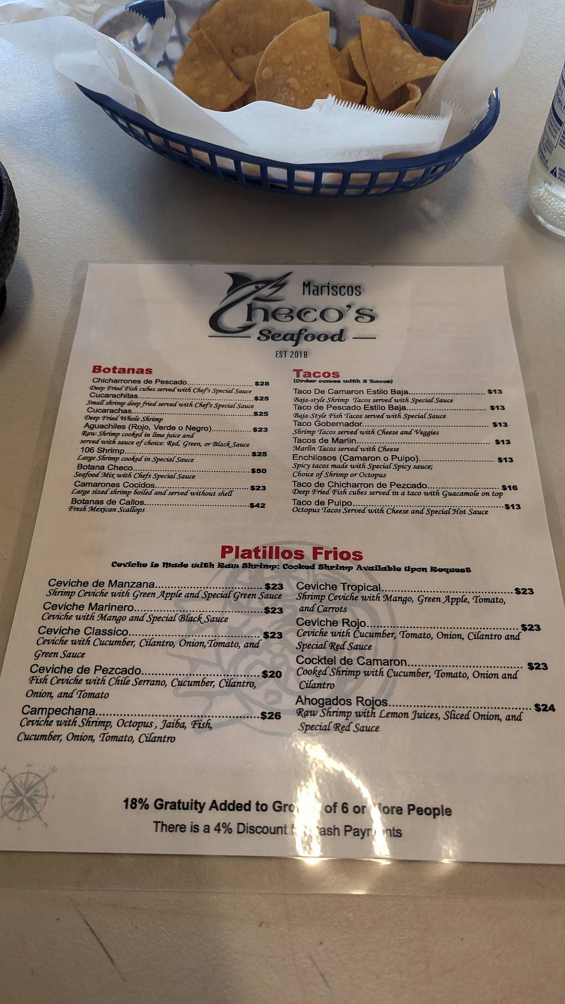 Menu at Checo’s Seafood 106 Underground restaurant, Hawthorne