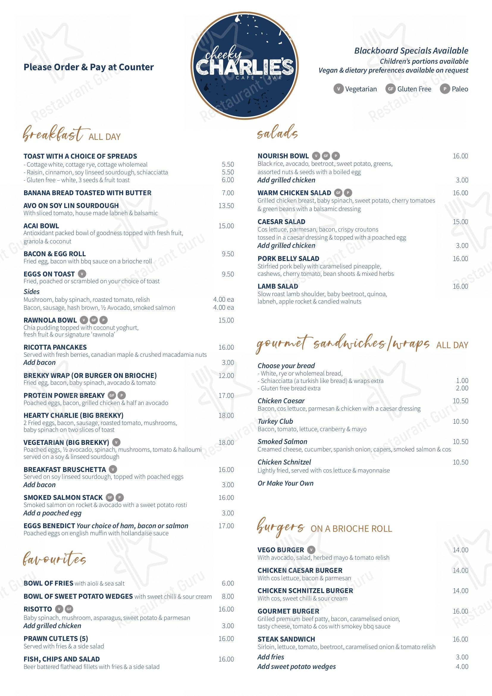 Menu at Cheeky Charlie's Bar & Cafe, Erina