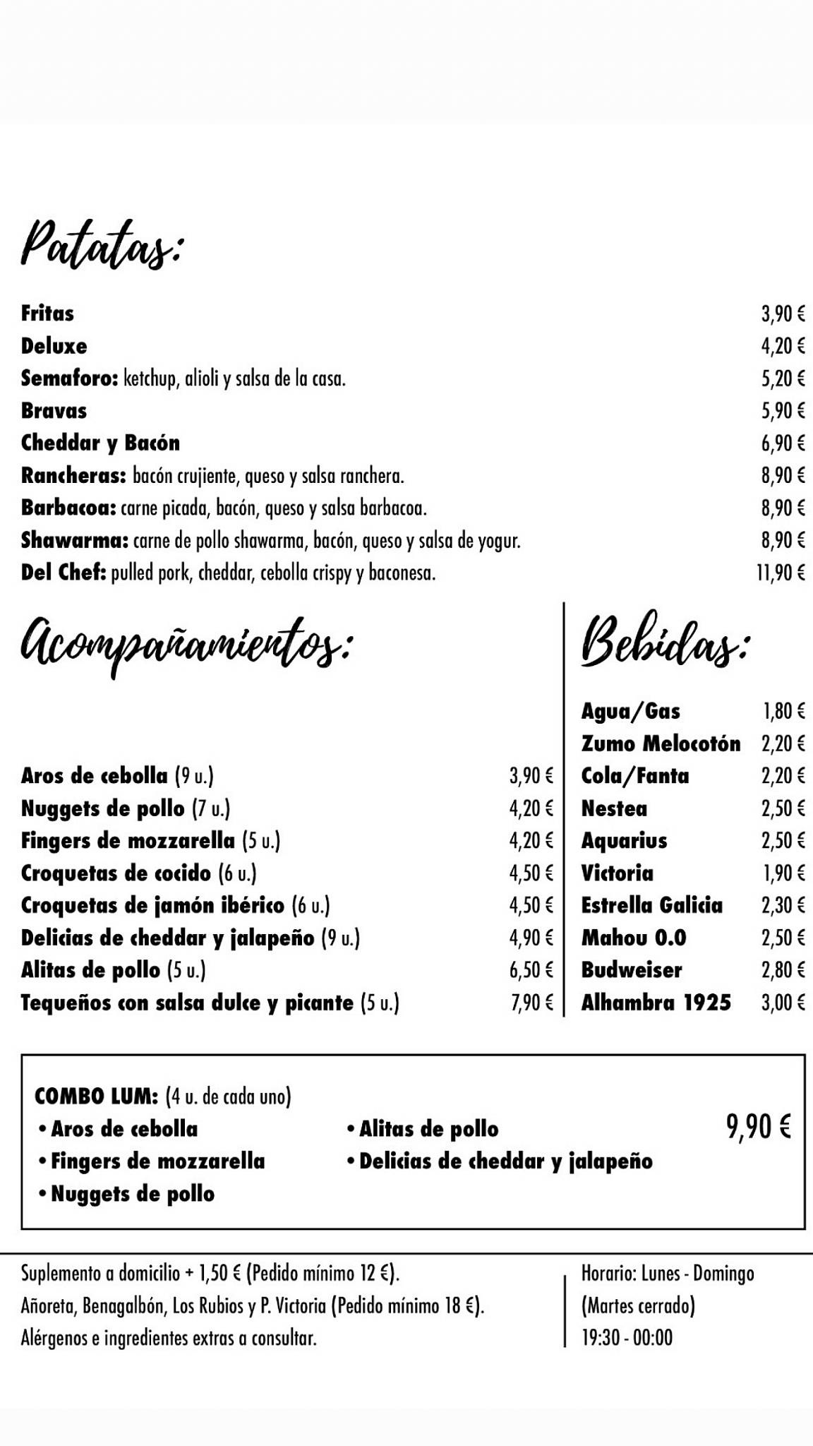 Carta del restaurante Chef's Burger, Rincón del la Victoria