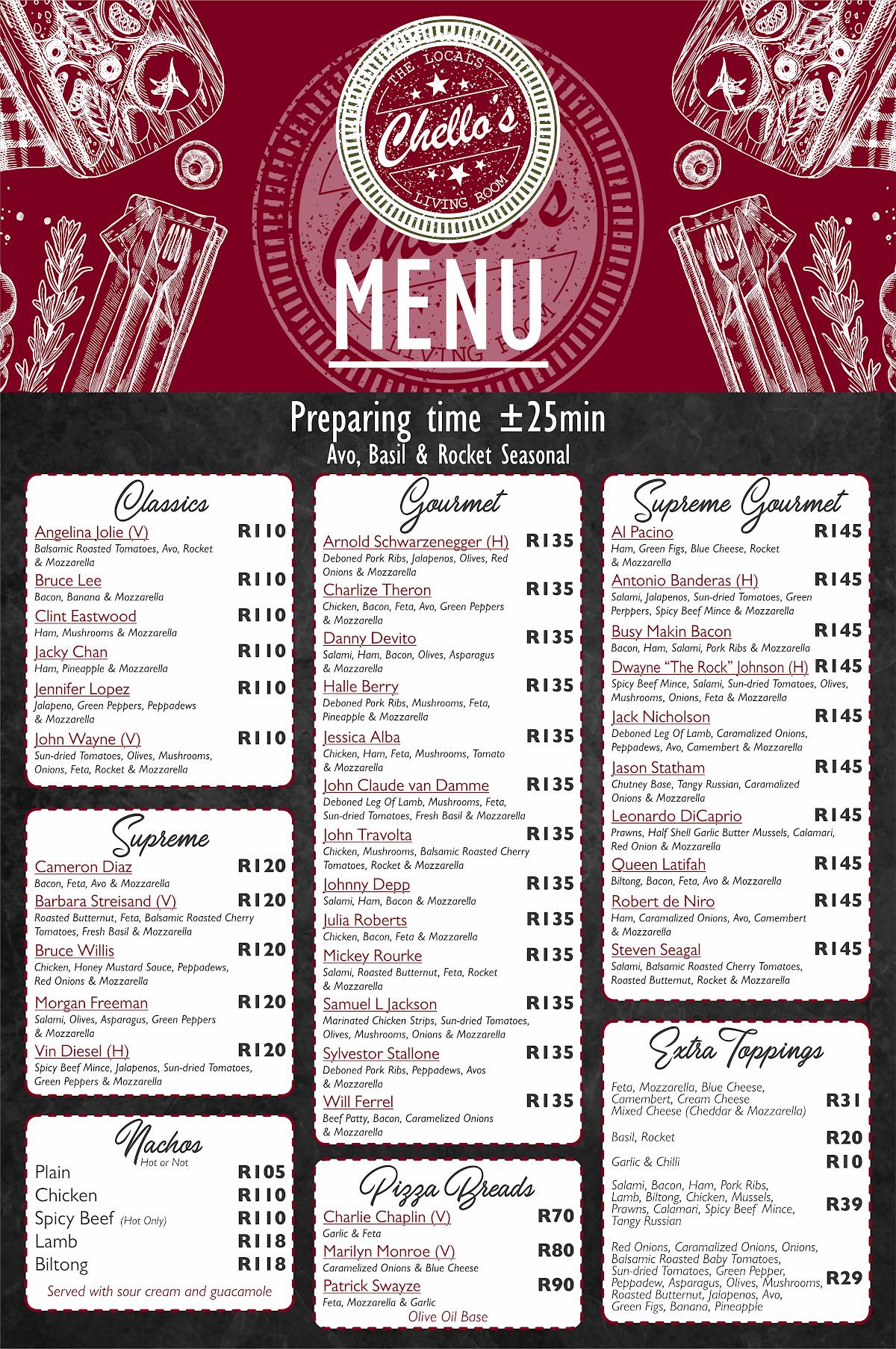 Menu at Chellos Pizzeria and Bar Kimberley, Kimberley