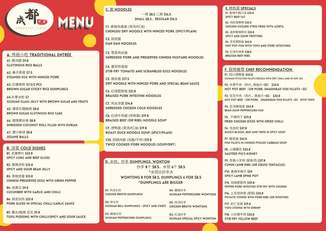Menu at Chengdu Flavor restaurant, Canberra