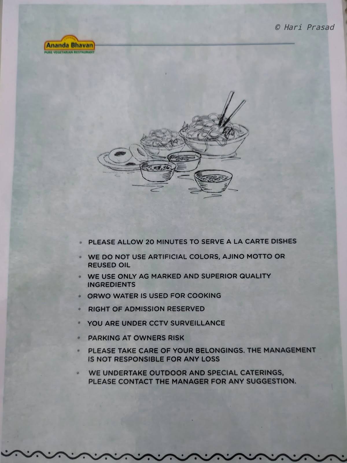 Menu at Chennai Ananda Bhavan, India