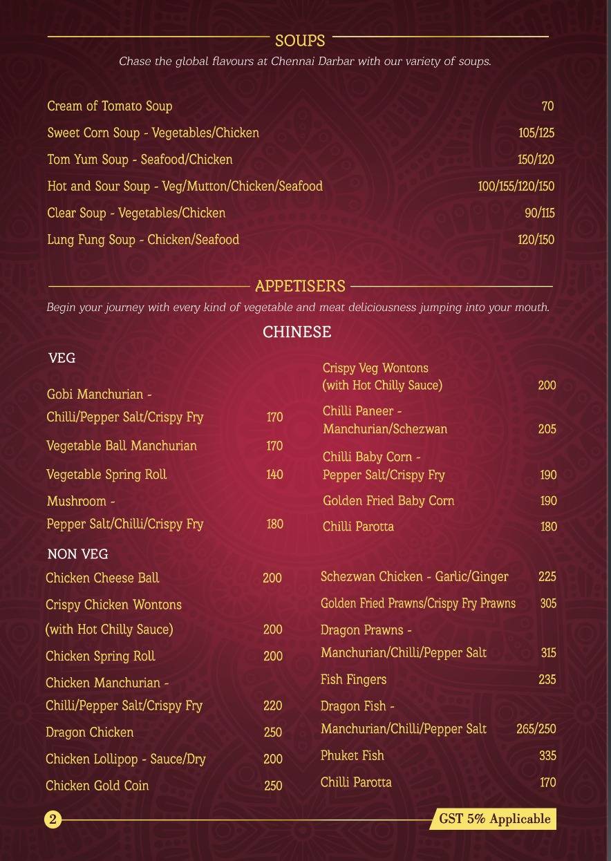 Menu at Chennai Darbar, Chennai, 5/693