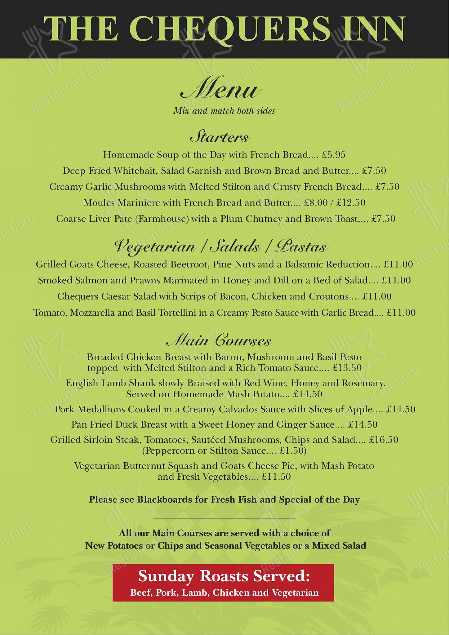 Menu at The Chequers Inn pub & bar, Lymington
