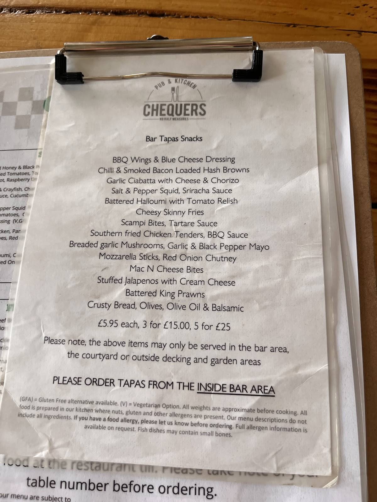 Menu at Chequers Pub And kitchen, Burbage, 30 Lutterworth Rd