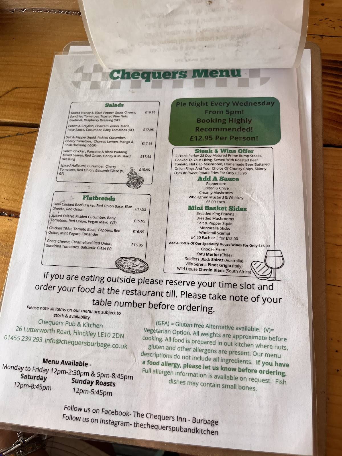 Menu at Chequers Pub And kitchen, Burbage, 30 Lutterworth Rd