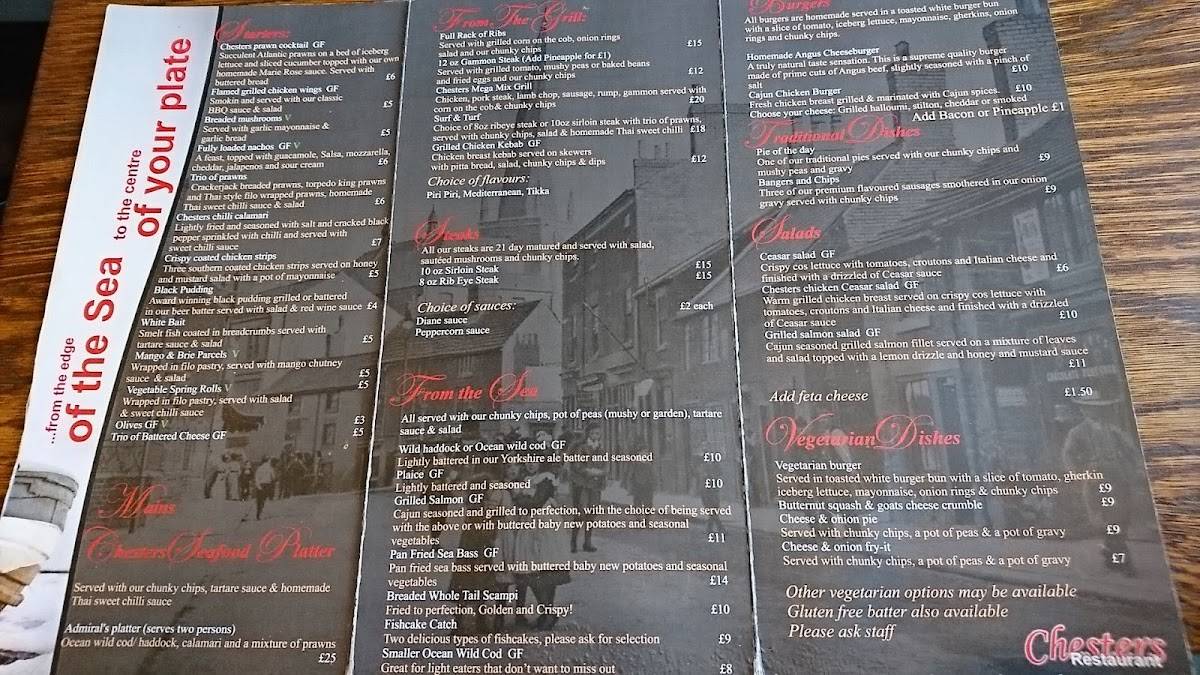 Menu at Chesters restaurant, Chesterfield, 151 Sheffield Rd