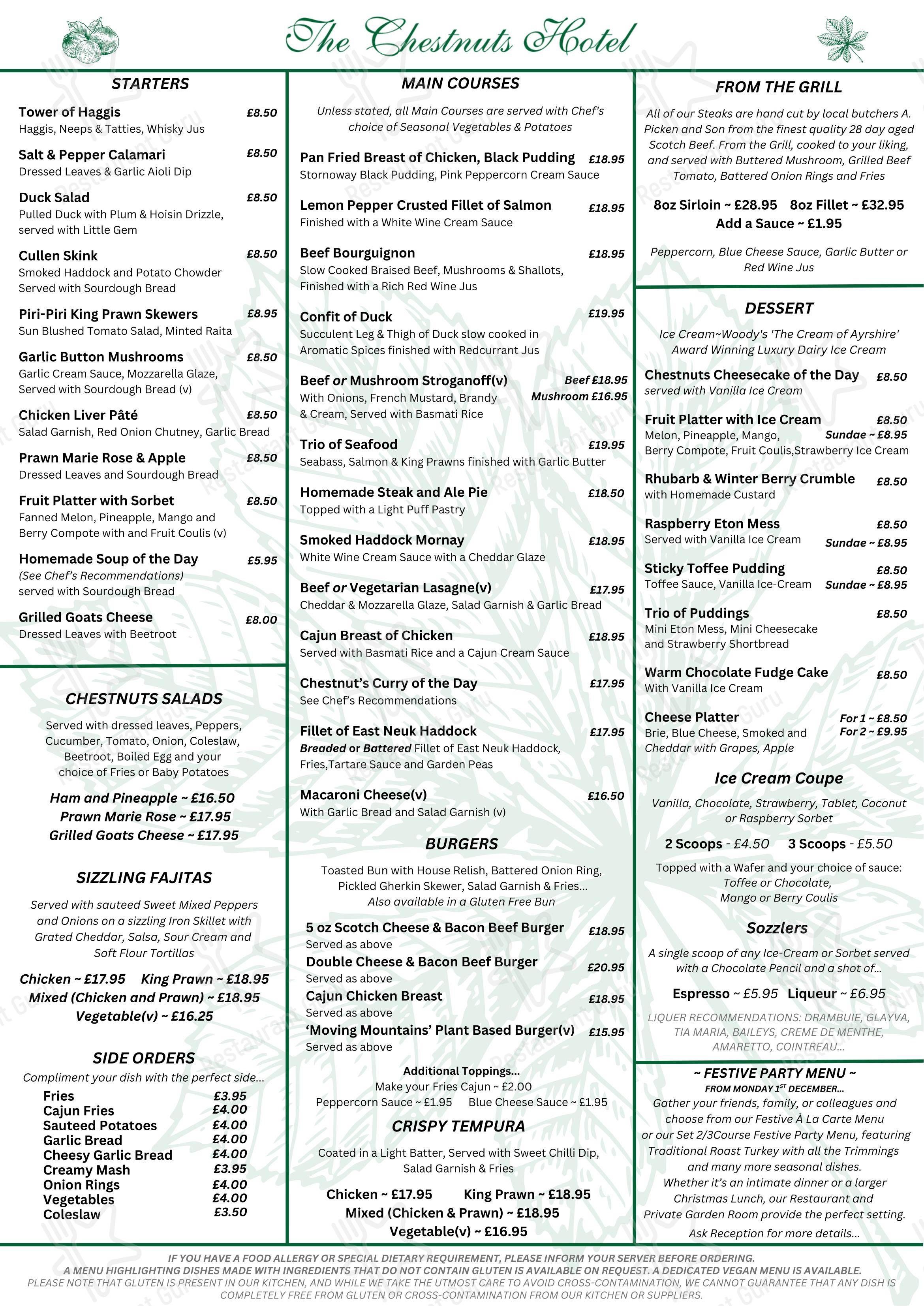 Menu at Chestnuts Restaurant & Hotel, Ayr