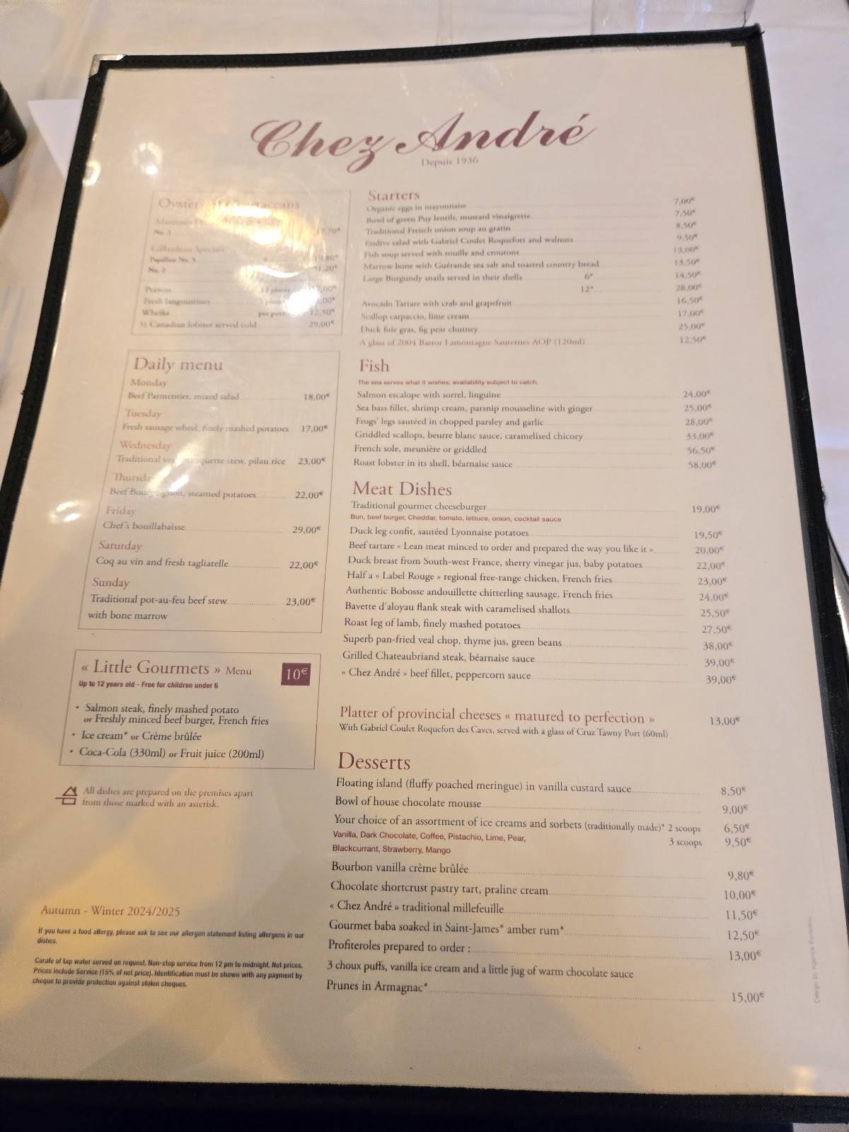 Menu at Chez André restaurant, Paris, 12 Rue Marbeuf