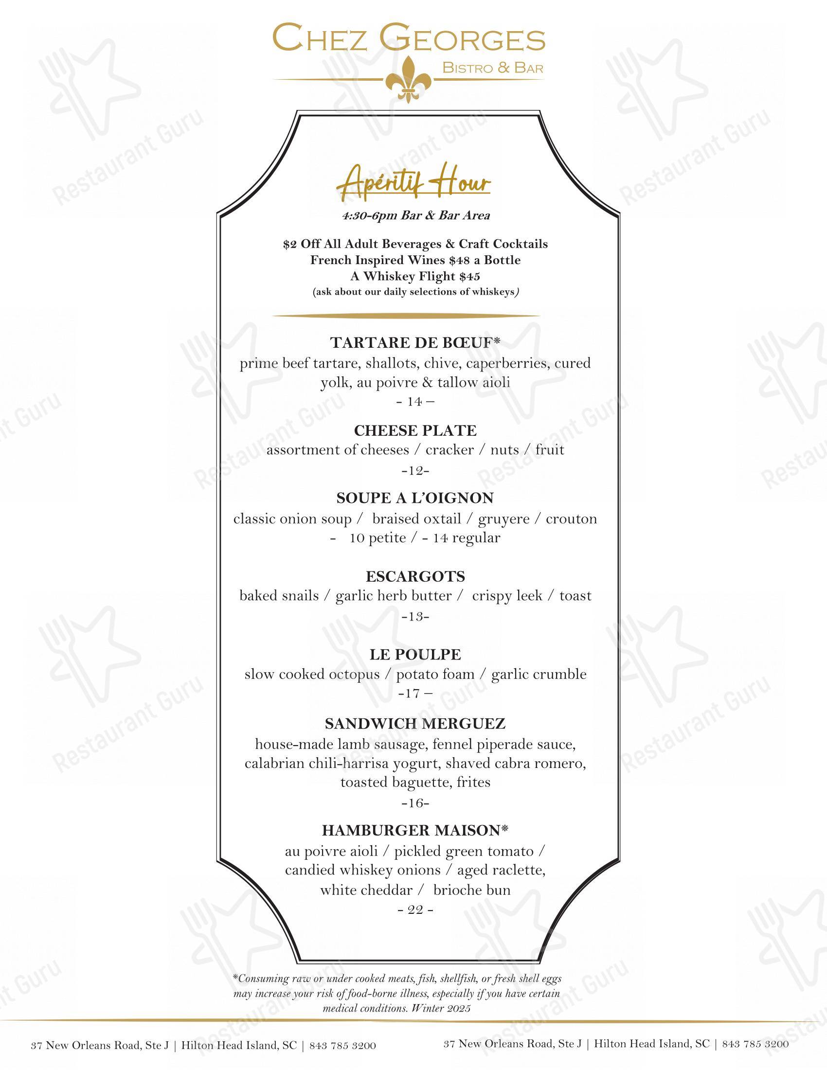 Menu at Chez Georges Bistro & Bar, Hilton Head Island