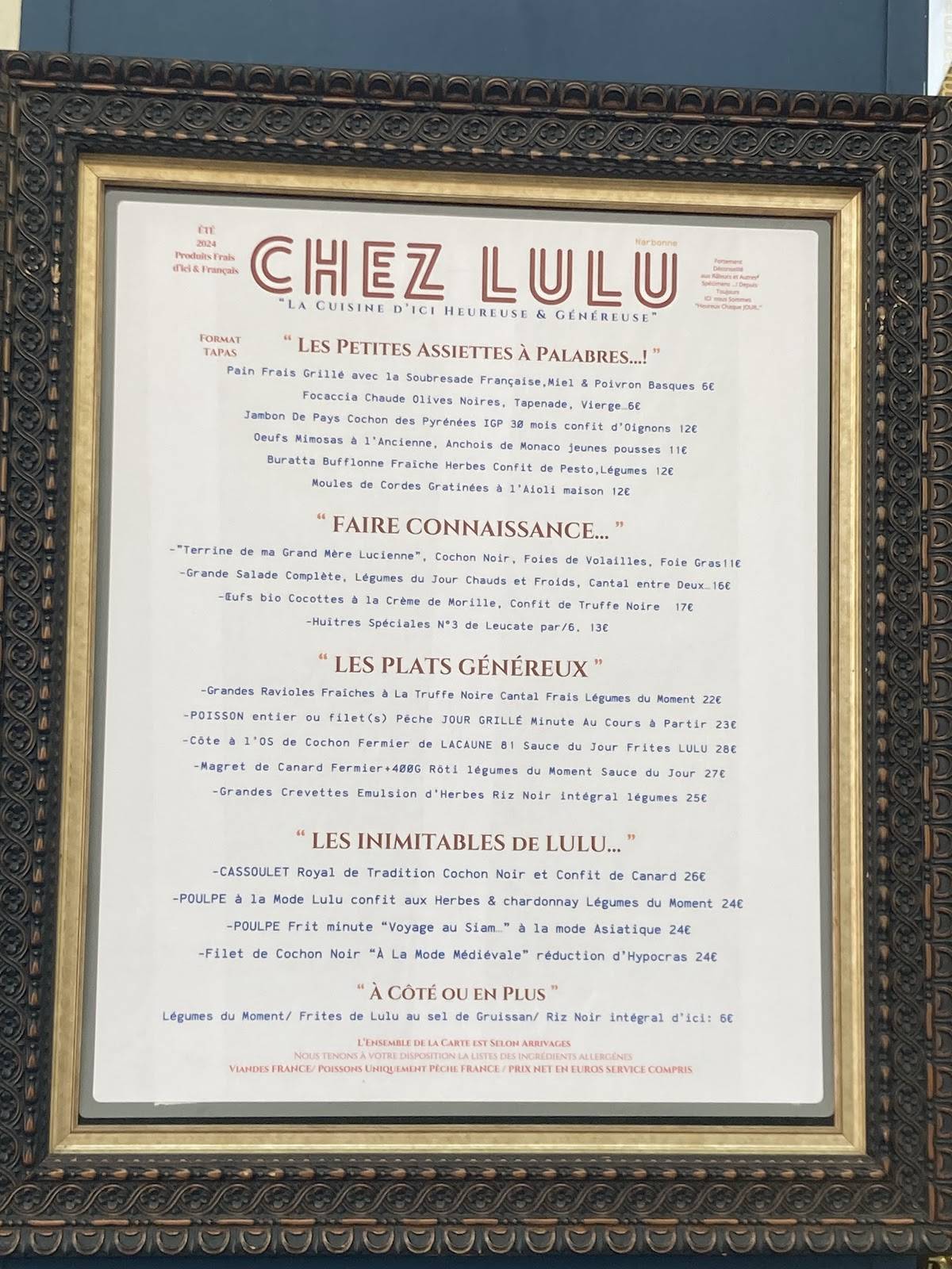 Menu au Chez Lulu restaurant, Narbonne