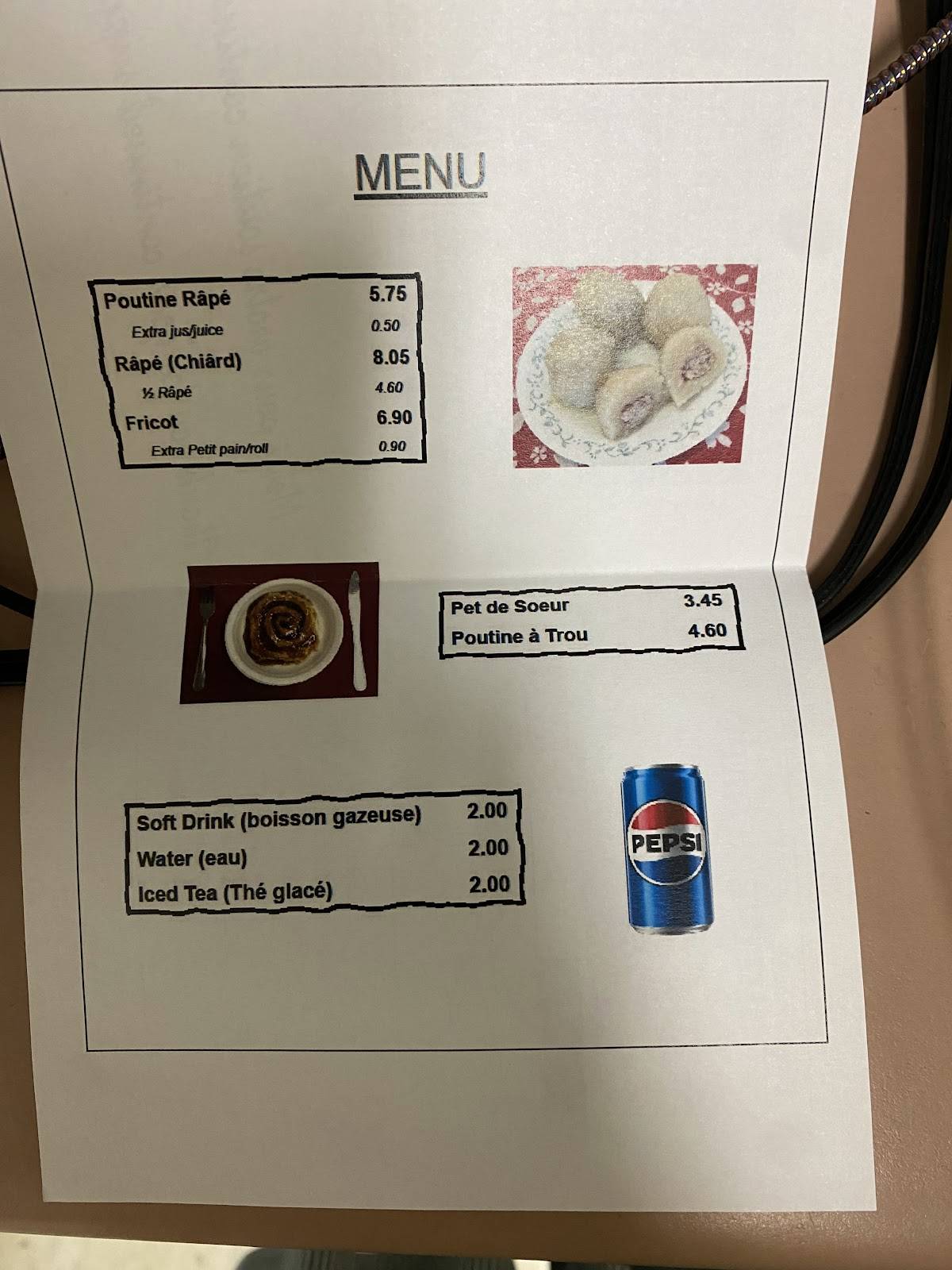 Menu at Chez Memere Poutine & Rape Inc restaurant, Moncton