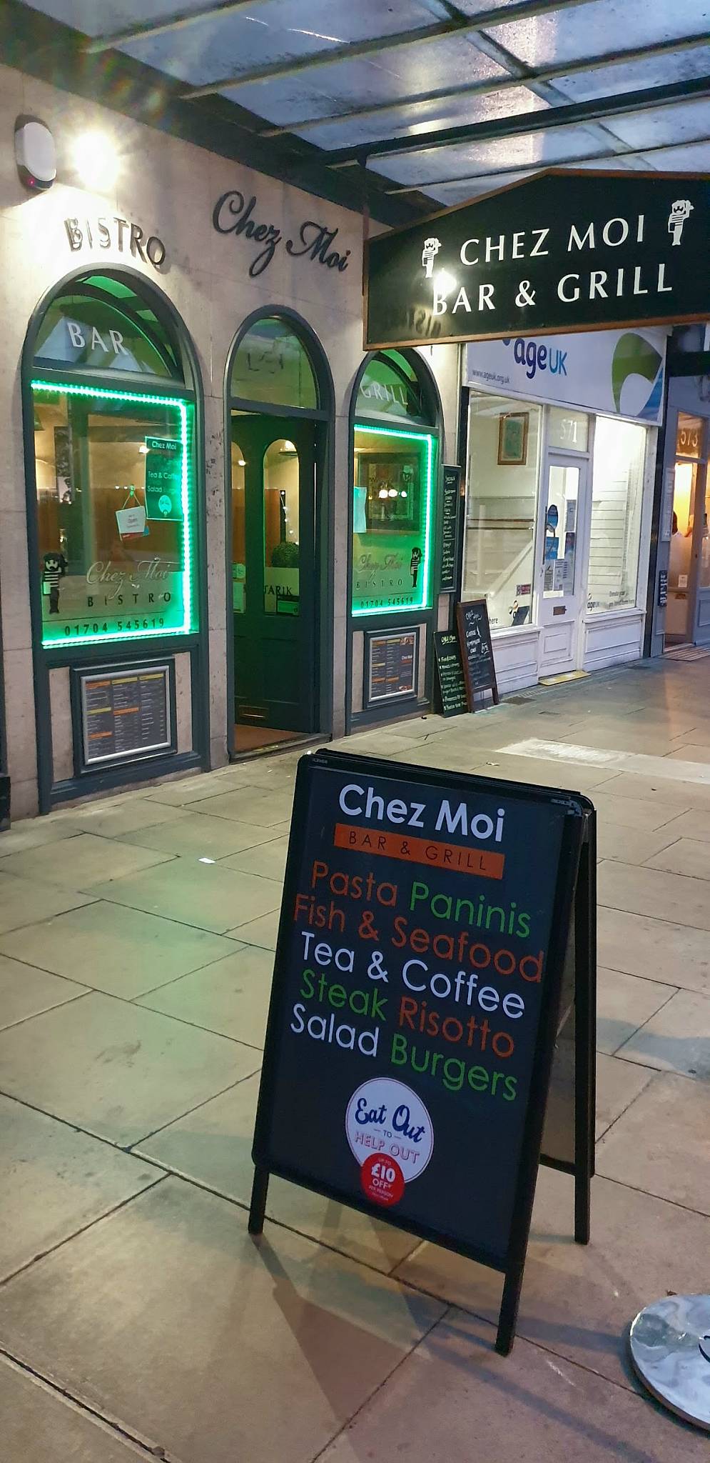 Menu at Chez Moi restaurant, Southport