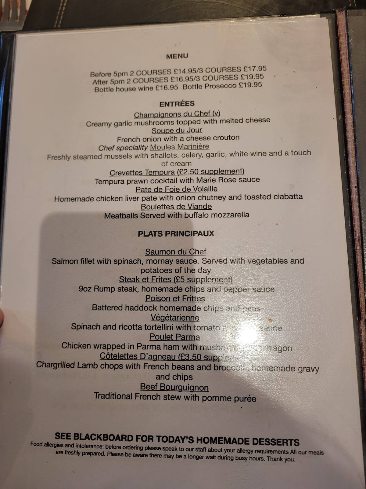 Menu at Chez Moi restaurant, Southport