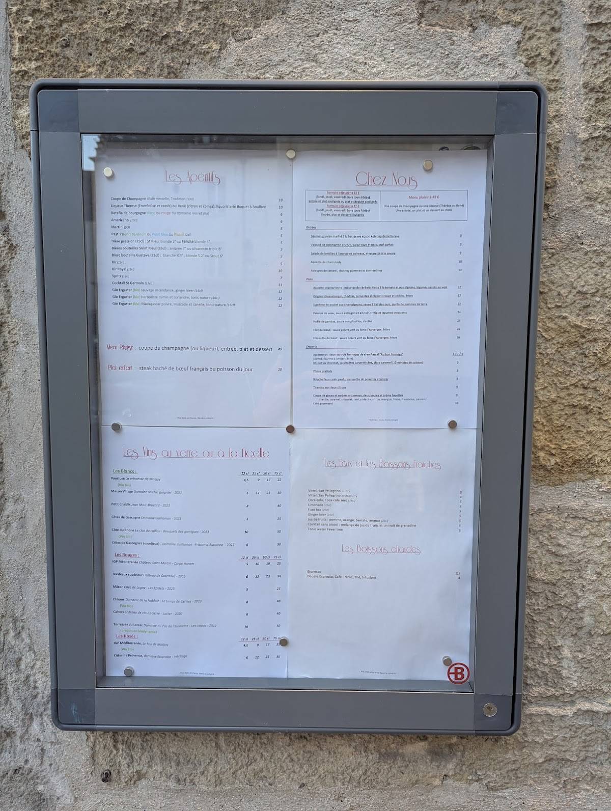Menu au Chez Nous restaurant, Senlis