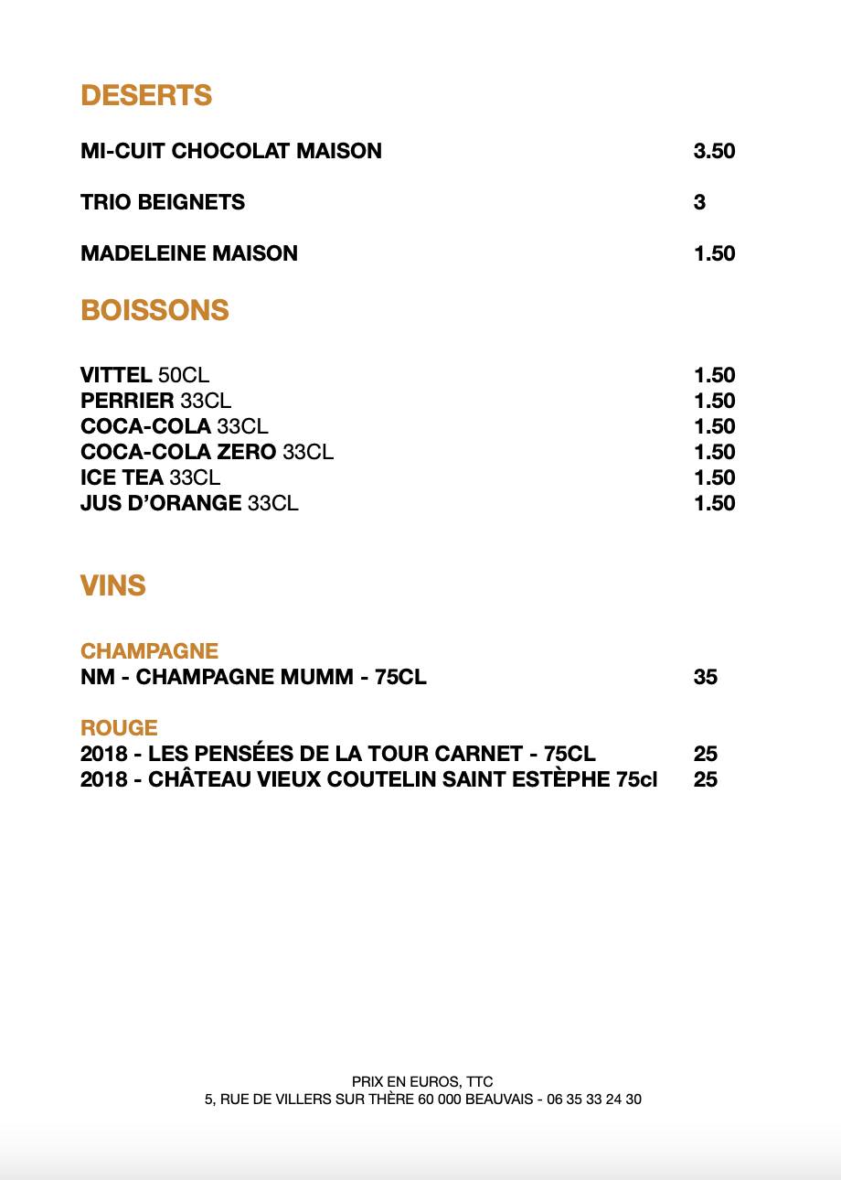 Menu at Chez Victor restaurant, Beauvais