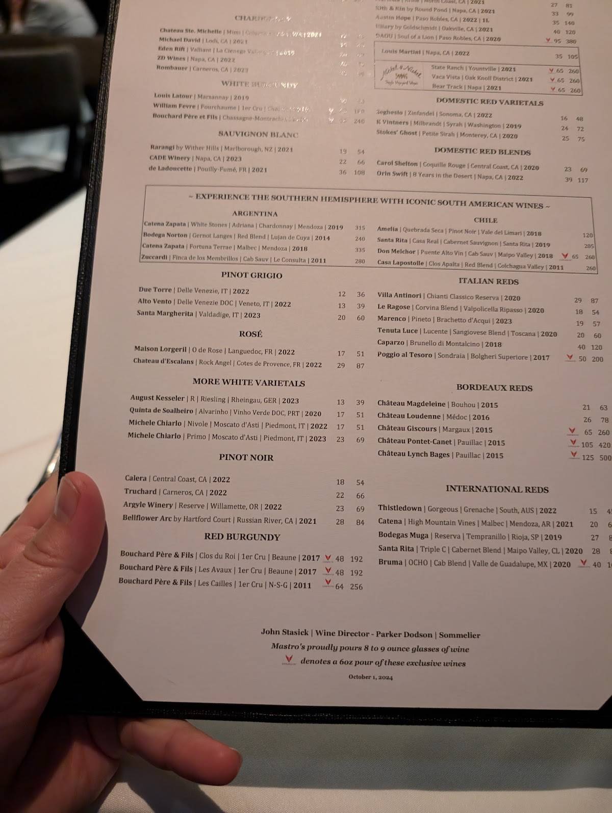 Menu at Mastro's Steakhouse, Chicago