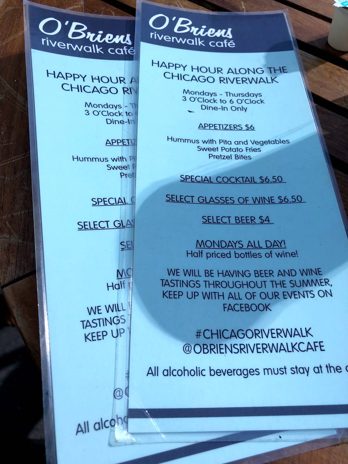 Menu at O’Briens Riverwalk Café cafe, Chicago, 45 E Riverwalk S