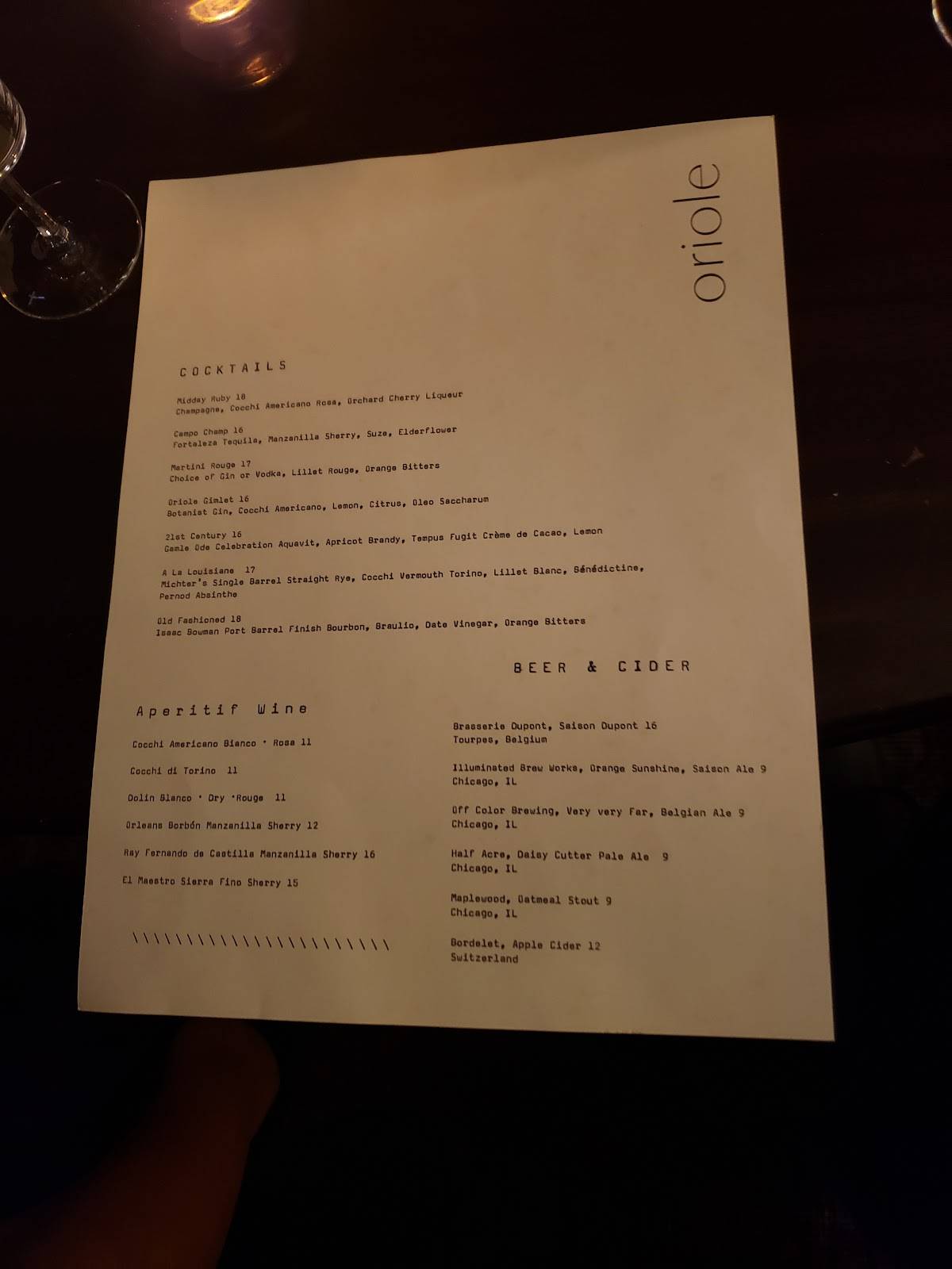 Menu at Oriole restaurant, Chicago