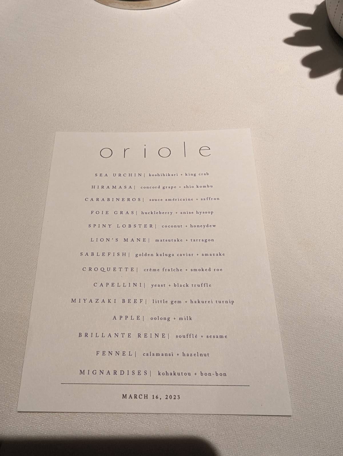 Menu at Oriole restaurant, Chicago