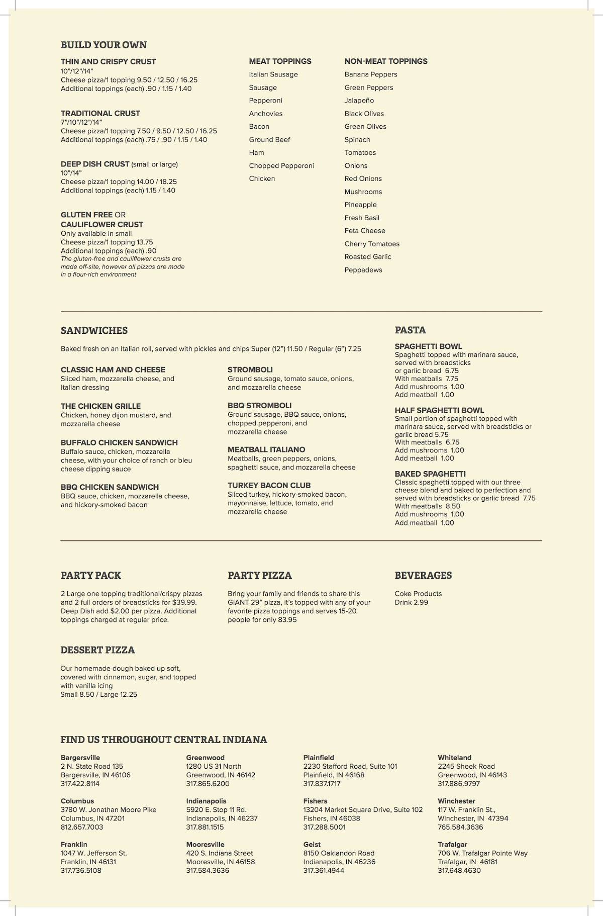 Menu at Chicago's PizzaTrafalgar restaurant, Trafalgar