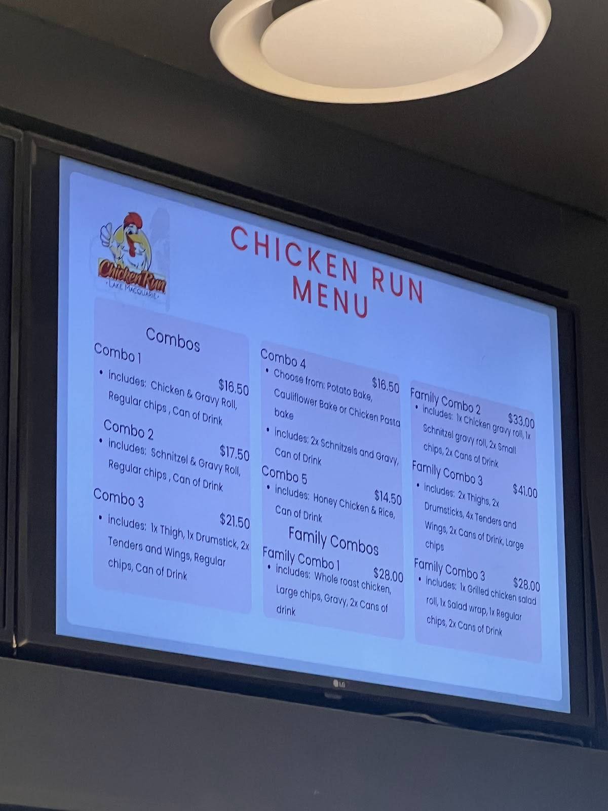 Menu at Chicken Run Lake Macquarie restaurant, Mount Hutton