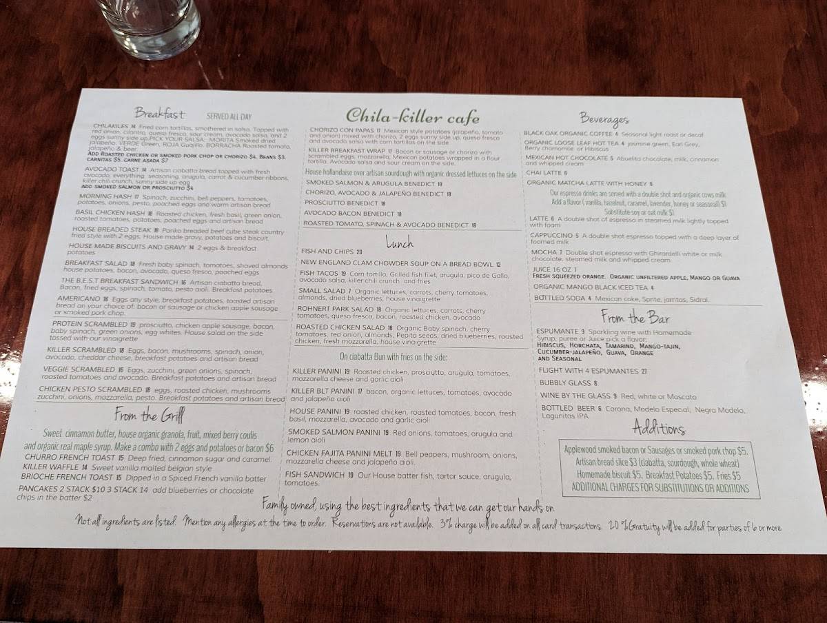 Menu at Chila-killer cafe, Rohnert Park