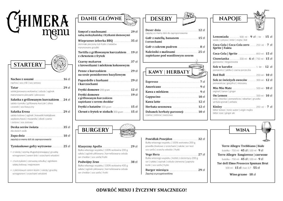 Menu at Chimera restaurant, Wloclawek