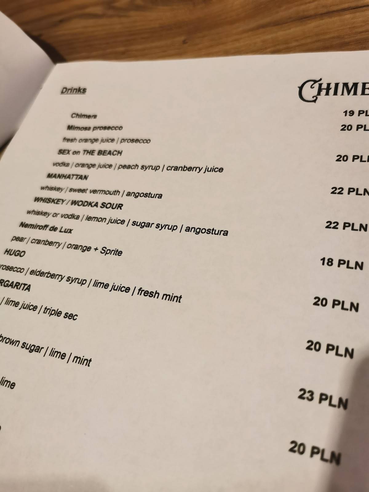Menu at Chimera restaurant, Wloclawek