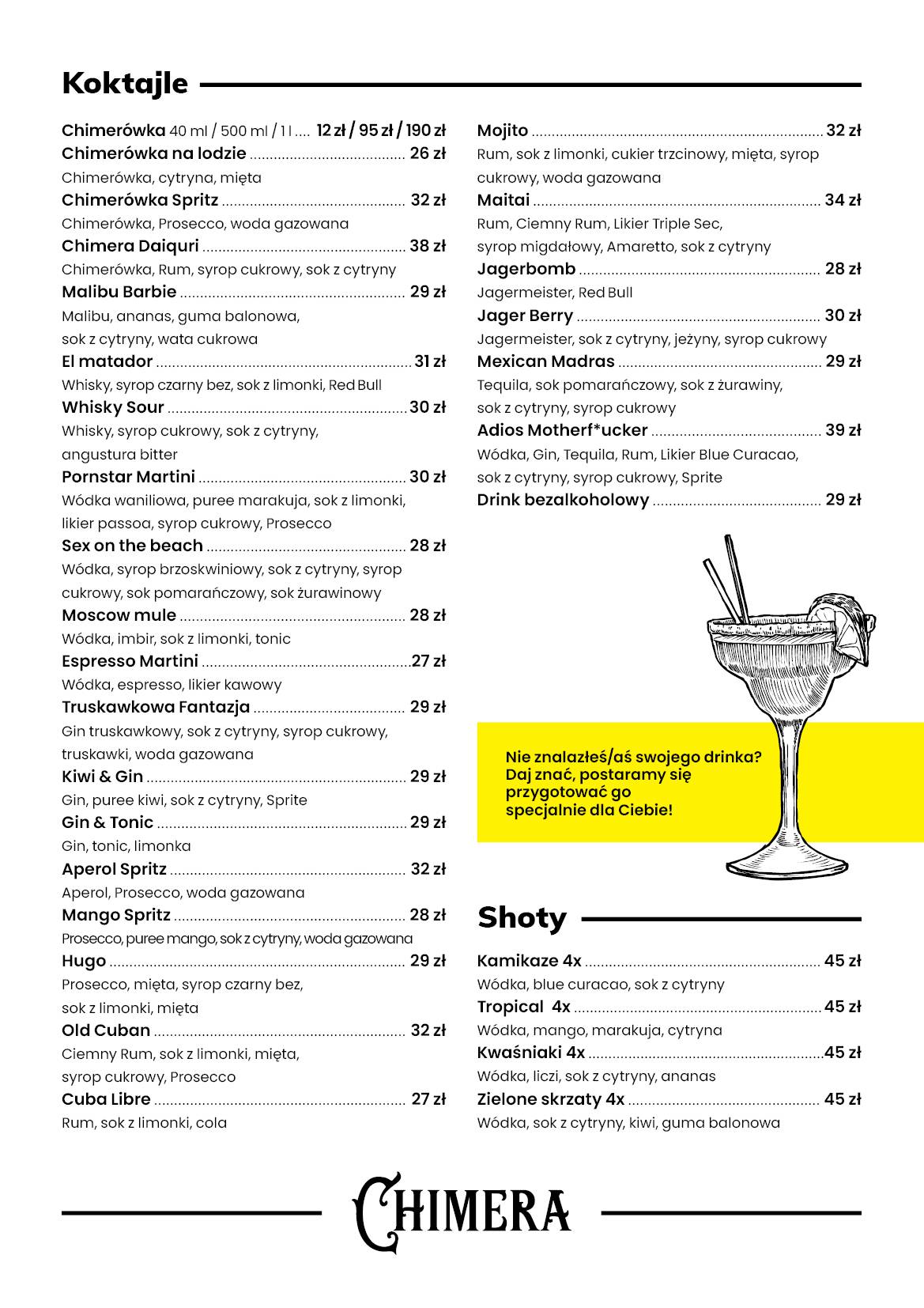 Menu at Chimera restaurant, Wloclawek