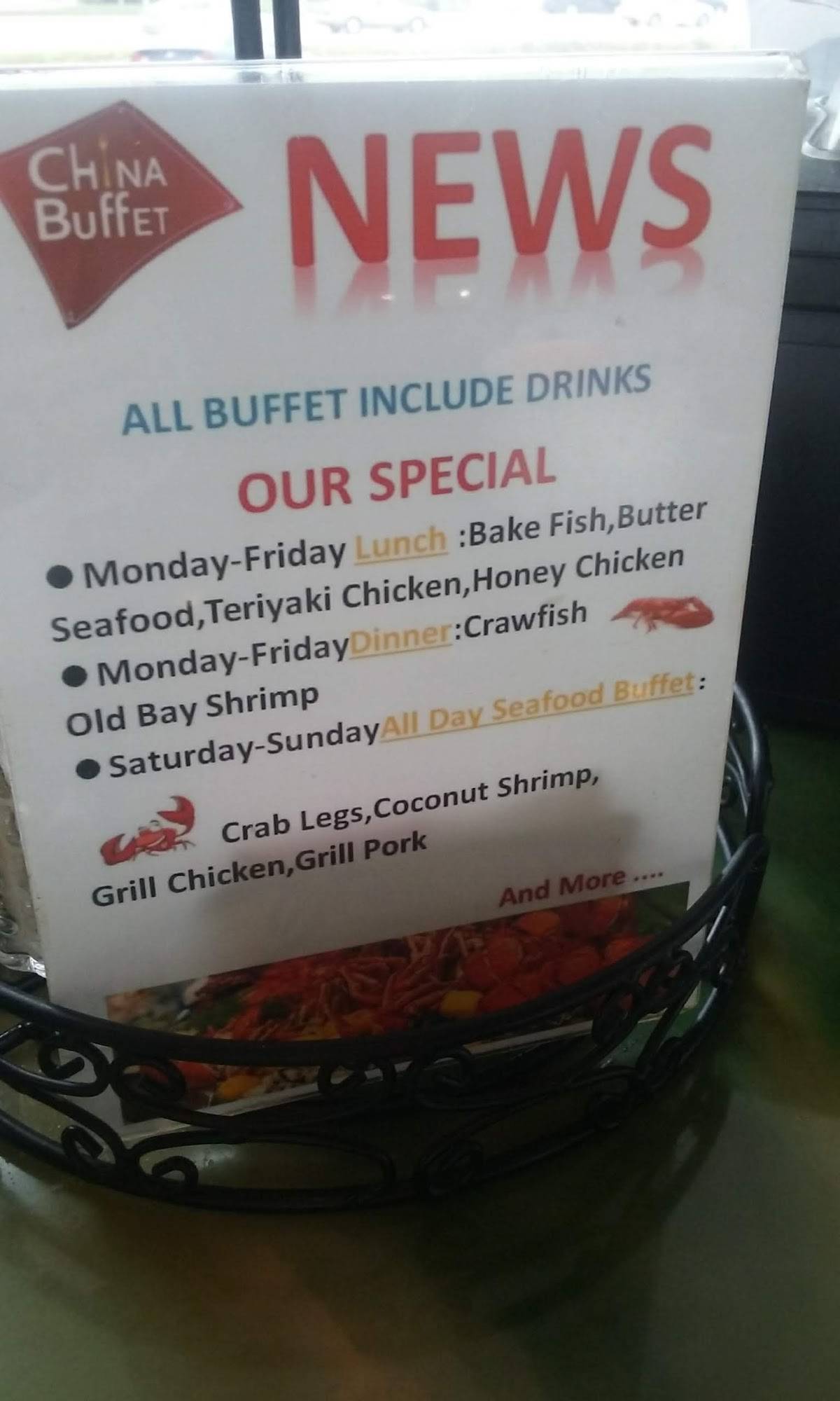 Menu at China Buffet restaurant, Tomah