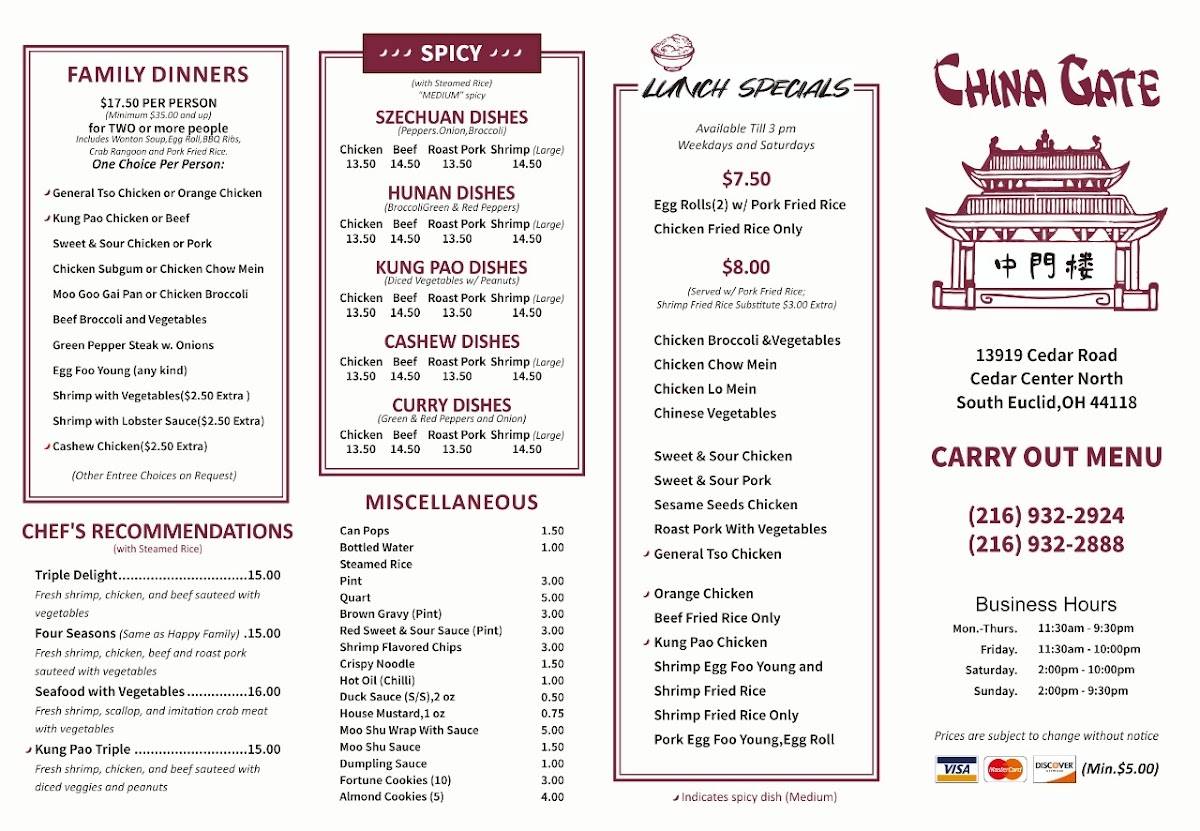 Menu at China Gate restaurant, South Euclid, Cedar Rd