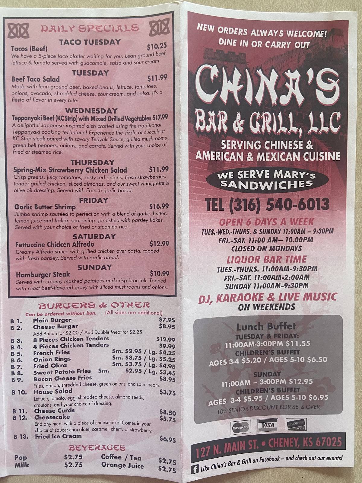 Menu at China's Bar & Grill LLC., Cheney