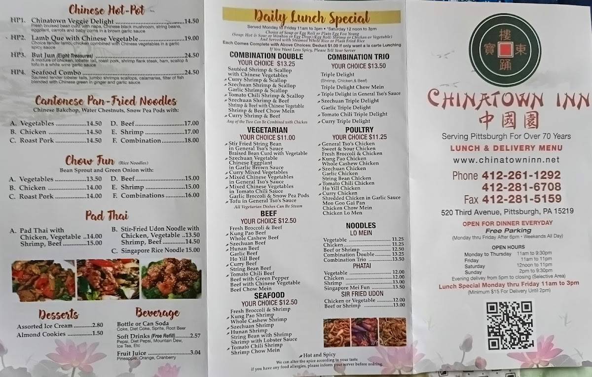 Menu at Chinatown Inn restaurant, Pittsburgh