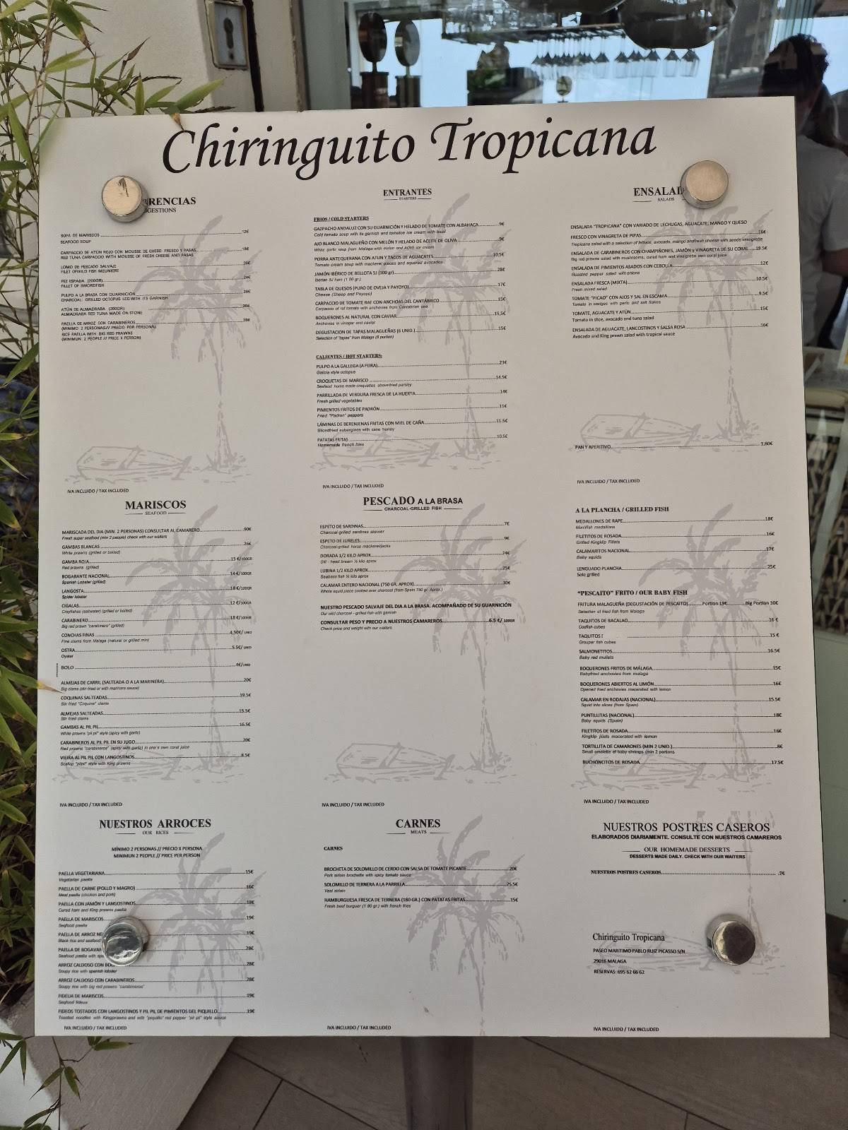 Carta del restaurante Chiringuito Tropicana, Málaga, P.º Marítimo Pablo ...