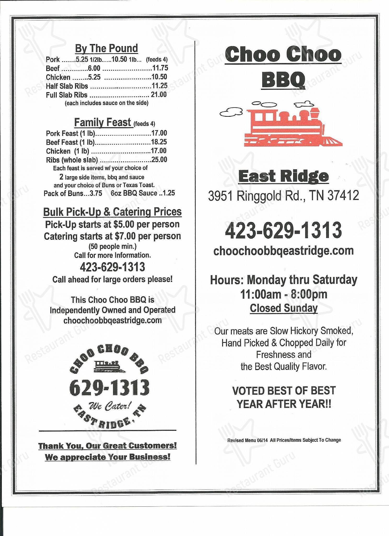 Menu at Choo Choo BBQ East Ridge, Chattanooga, Ringgold Rd