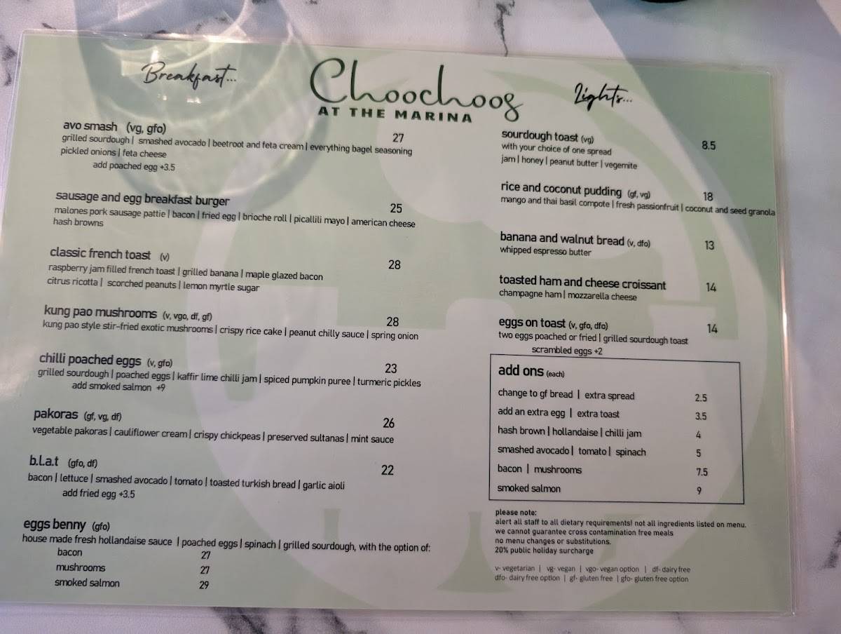 Menu at Choo Choos at the Marina restaurant, Port Douglas, 46 Wharf St