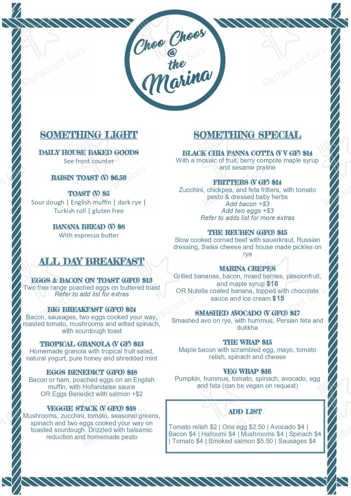 Menu at Choo Choos at the Marina restaurant, Port Douglas, 46 Wharf St
