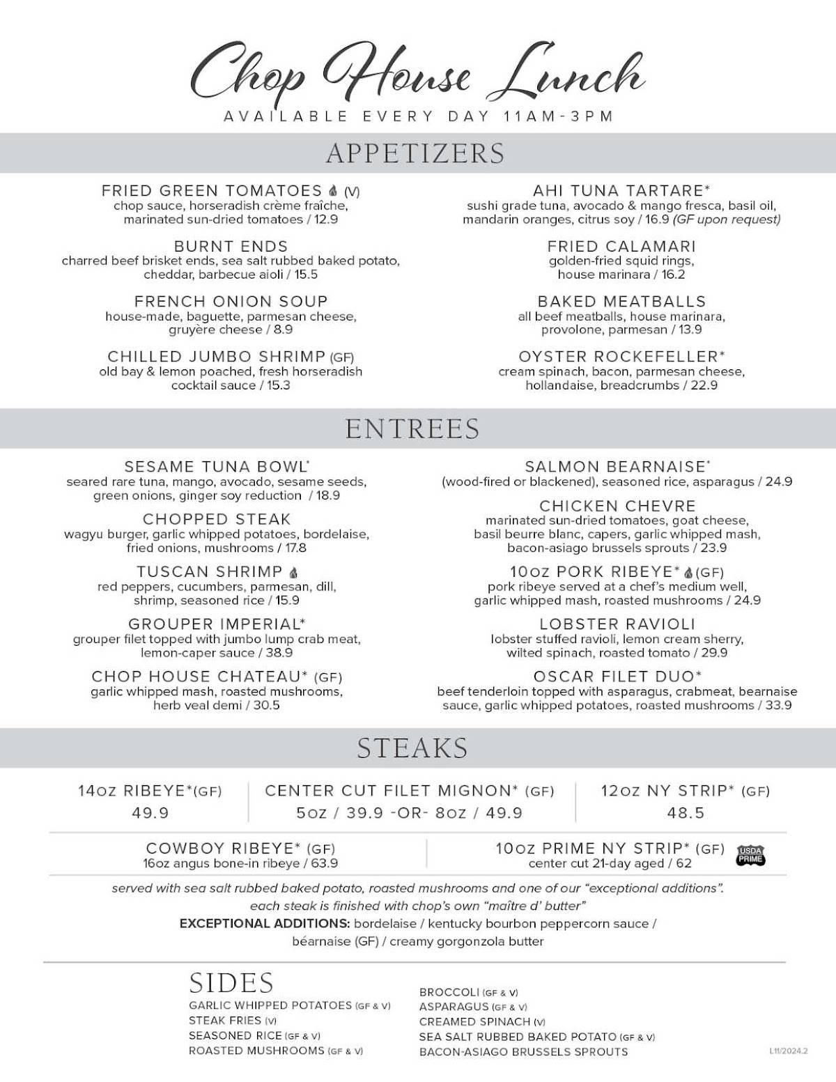 Menu at Chop House at Lake Sumter steakhouse, The Villages
