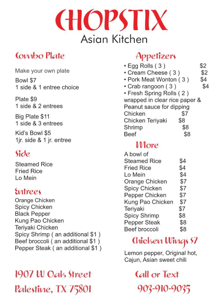 Menu at Chopstix Asian Kitchen restaurant, Palestine
