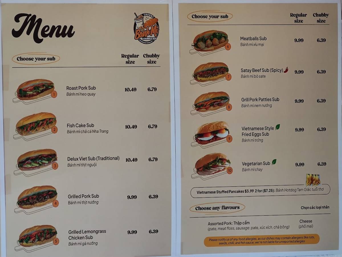 Menu au Chubby Banh Mi & Bubble Tea restaurant, Surrey