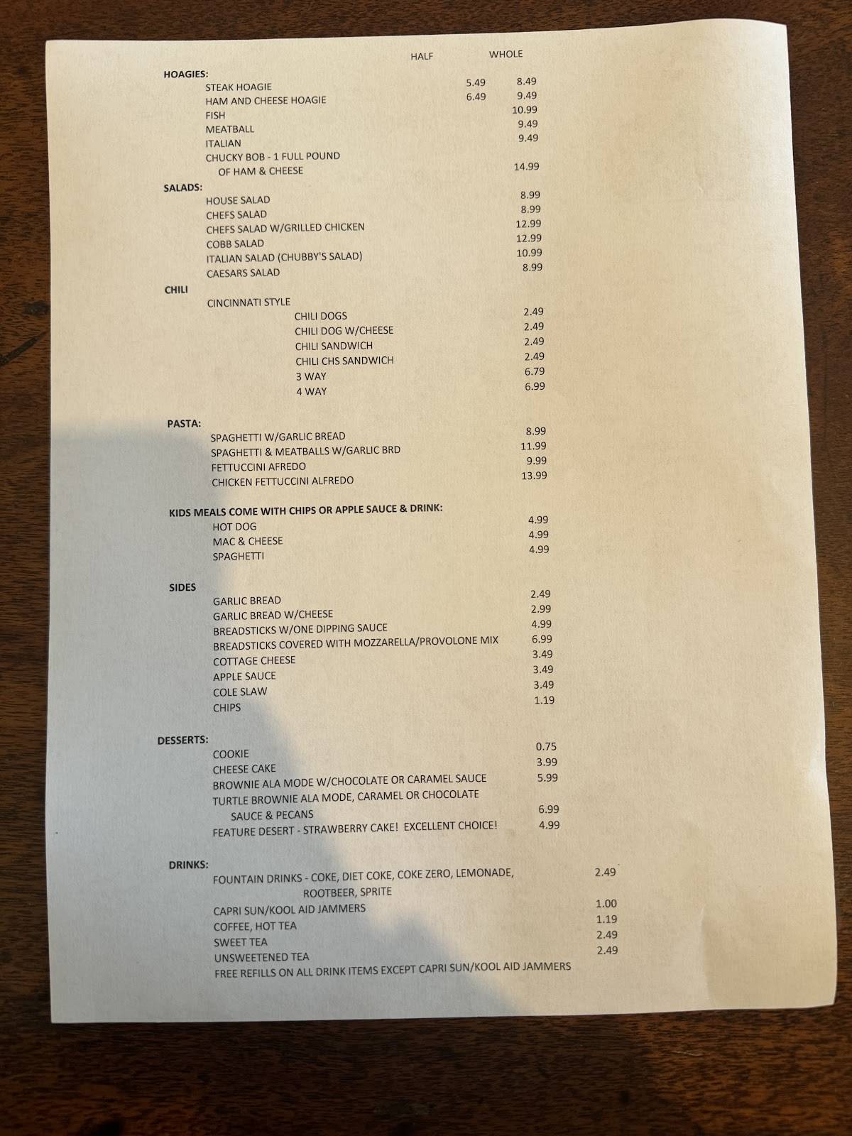 Menu at Chubby’s Pizzeria, Sunman