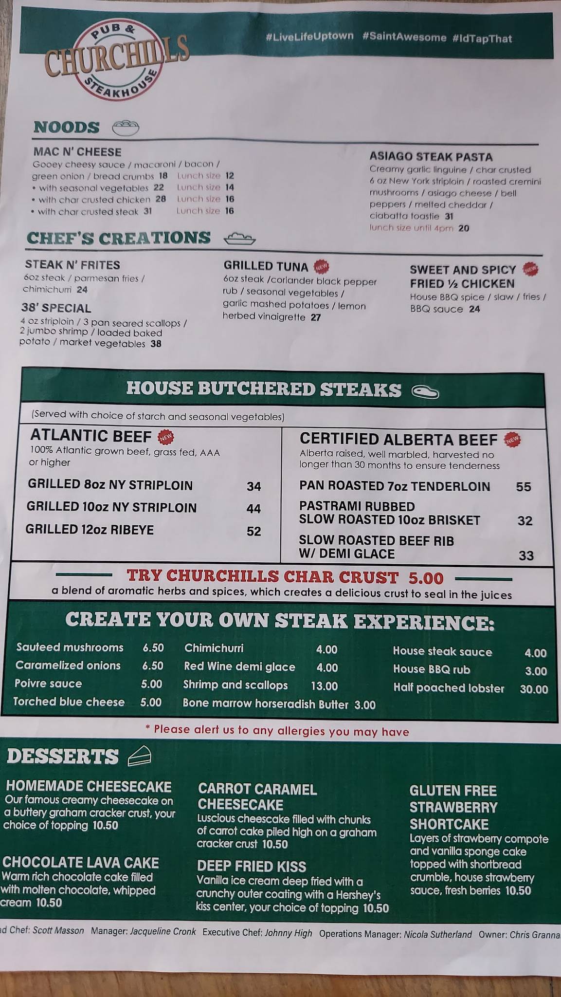 Menu at Churchill's Pub & Steakhouse, Saint John, 10 Grannan St