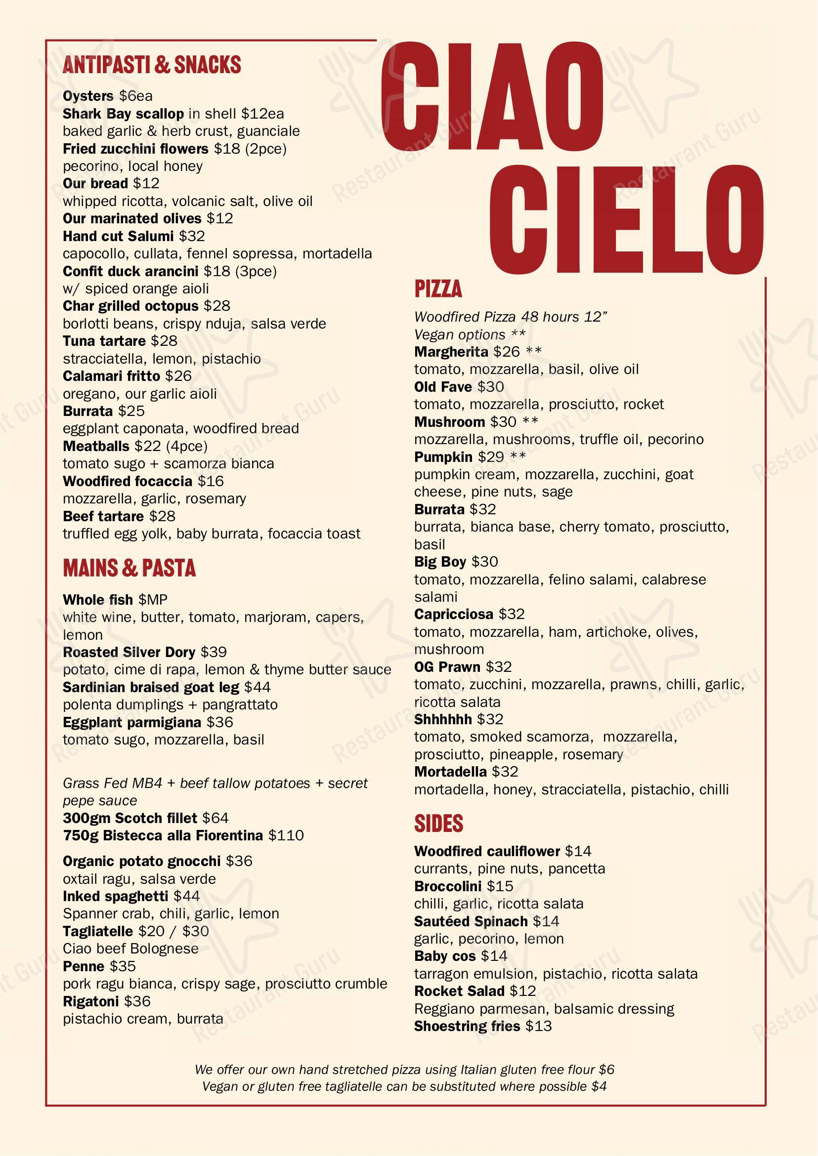 Menu at Ciao Cielo restaurant, Port Melbourne, 115 Bay St
